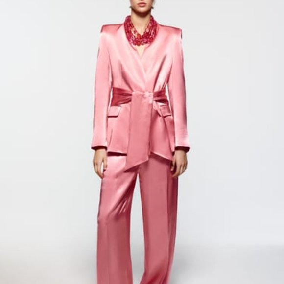 Zara | Pants & Jumpsuits | Zara Pink Satin Oversized Matching Blazer ...